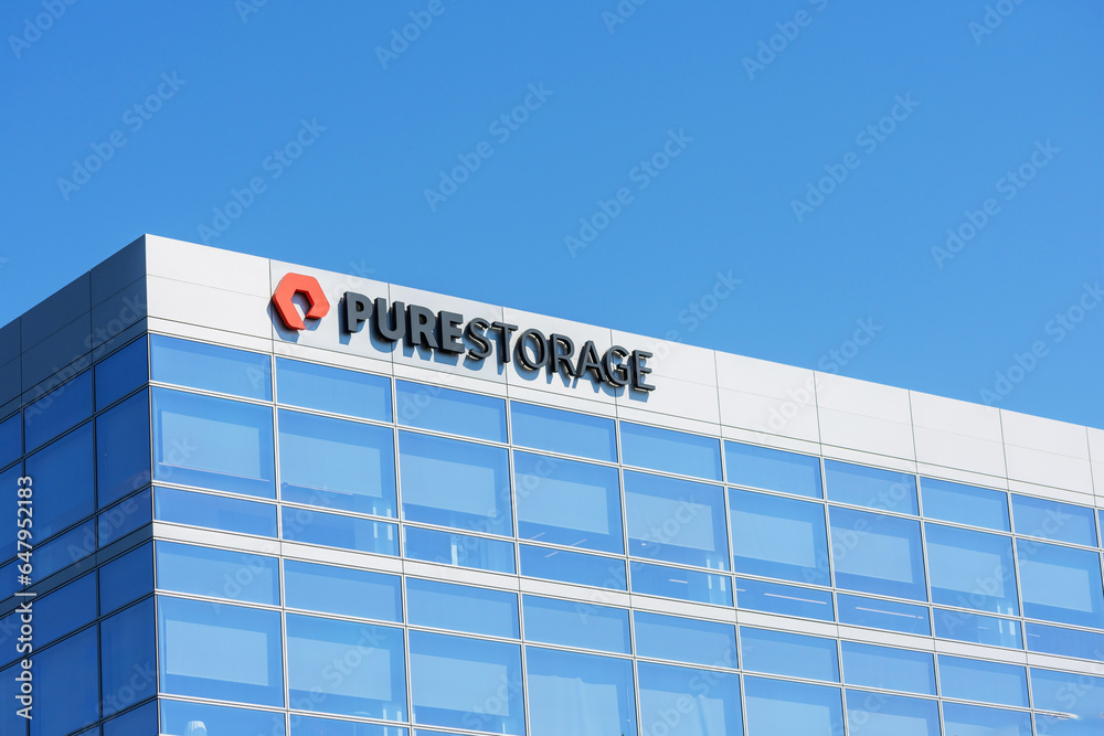 Pure Storage sign, logo on the headquarters of American publicly traded ...