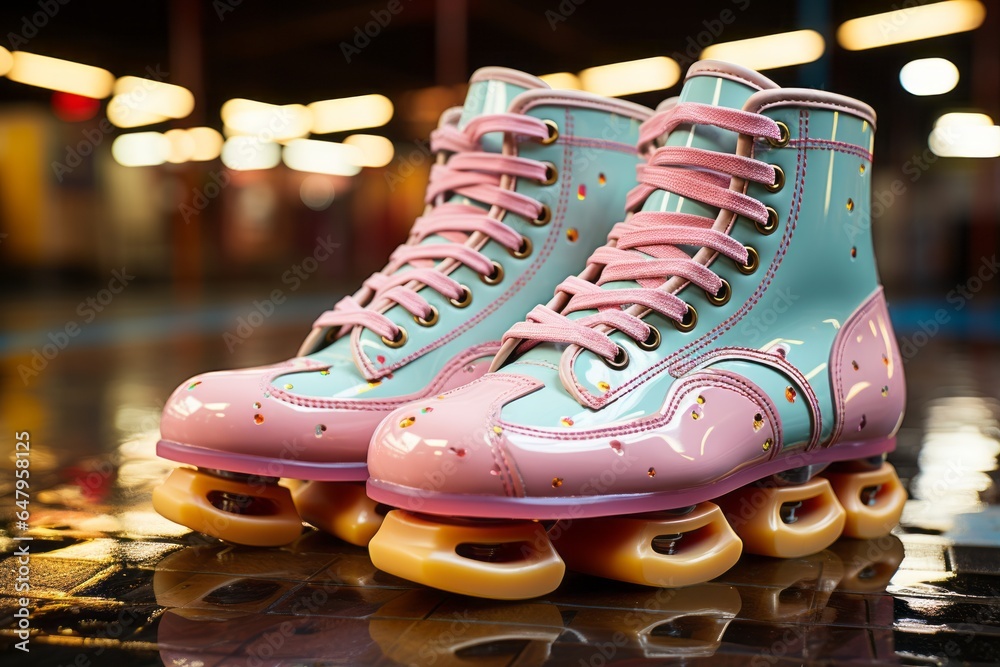 Pair of retro roller skates in a colorful roller rink, capturing the ...