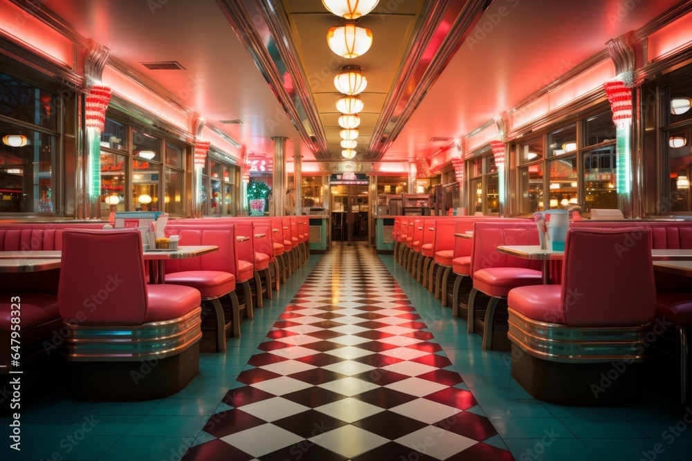 Retro diner with checkerboard floors and neon signage, Generative AI ...