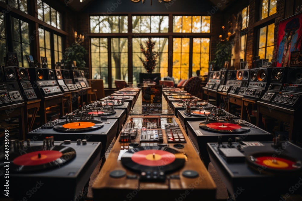Vintage record store with rows of vinyl records and cassette tapes ...