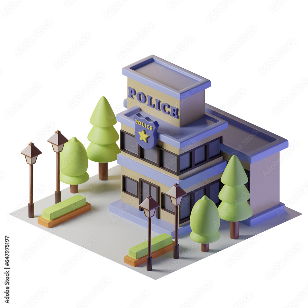 Police Station isometric building with trees and street lights. High ...