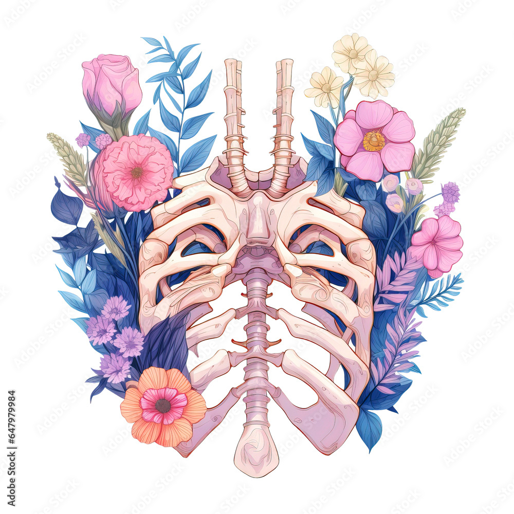 Watercolor Human Skeleton Anatomy filled with flowers Pastel Color ...