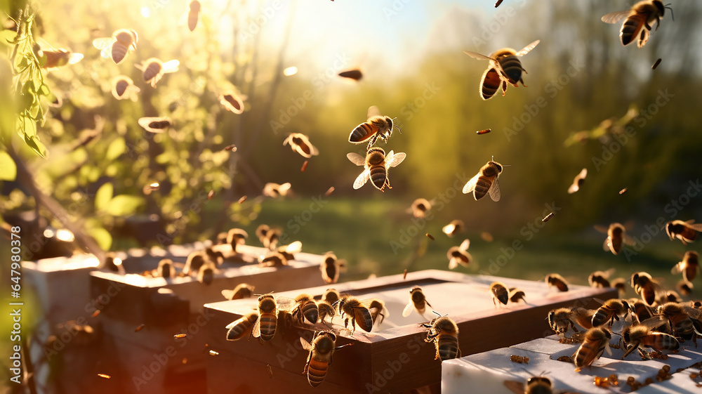 Honey bees swarming and flying around their beehive in the morning ...