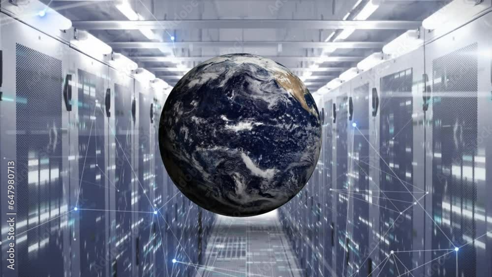 Animation of rotating globe and connected dots over bars on data server racks in server room ...