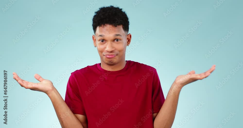 Doubt, shrug and face of man on blue background with gesture for unsure ...