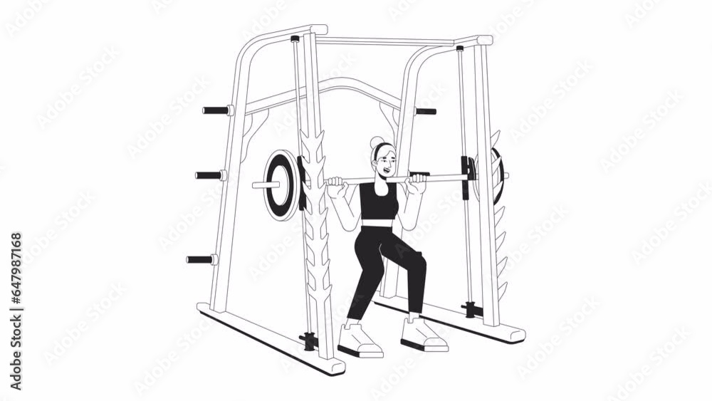 Woman squatting in weight power rack bw outline cartoon animation. Gym ...