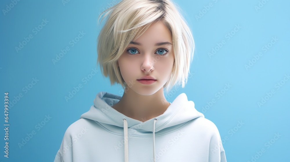 A pretty girl with short blonde hair on a light blue background. Stock ...
