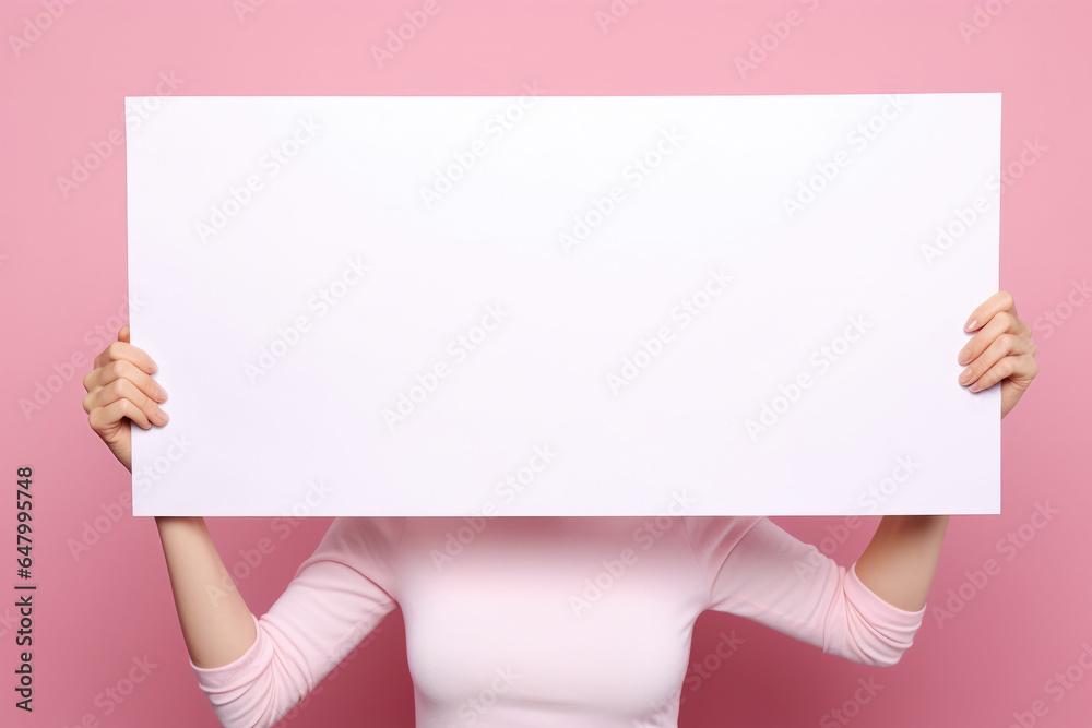 Woman holding up white sign in front of her face. Perfect for adding ...