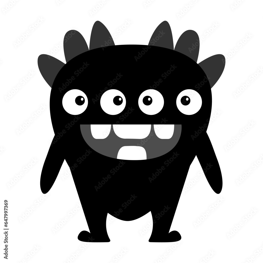 Cute monster. Happy Halloween. Head face with tooth fang. Black ...