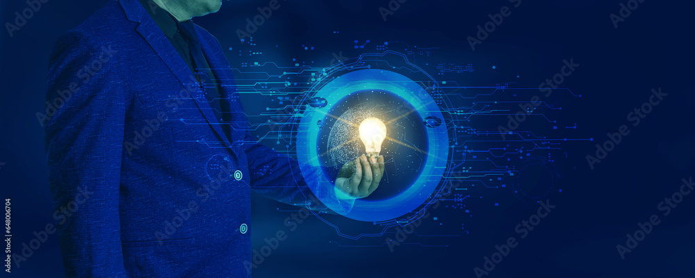 Data science. Man hold light bulb of innovative. business analytics (BA ...