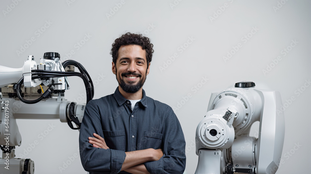 happy male worker looking at camera with modern industrial robot on ...