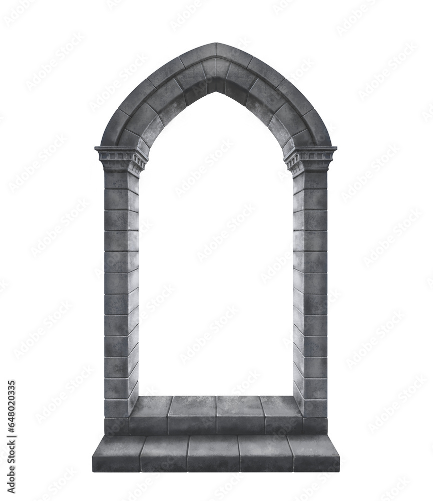 Gothic Arch. Medieval stone gate. Freehand digital drawing in Grey ...