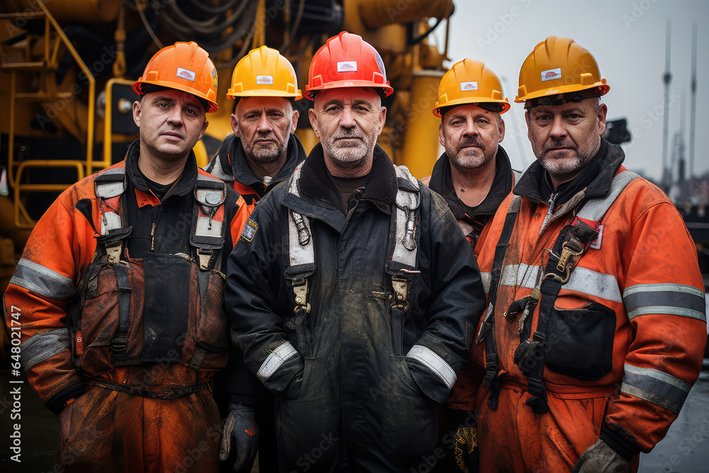 group of offshore oil rig worker wearing personal protective equipment ...