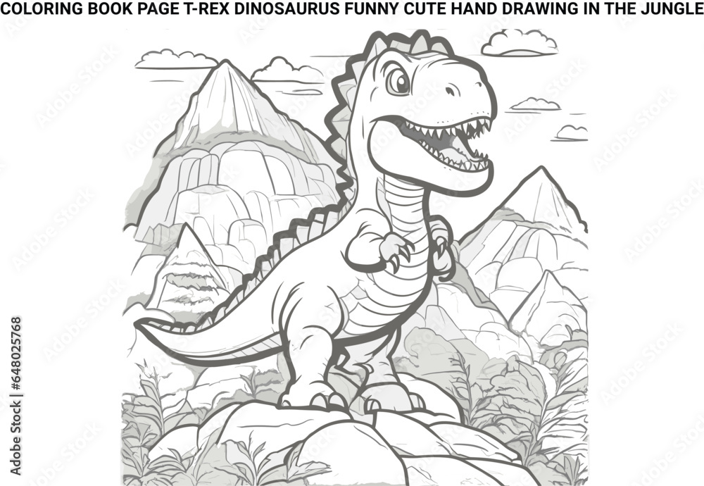 coloring book page t-rex DINOSAURUS funny cute hand drawing in the ...