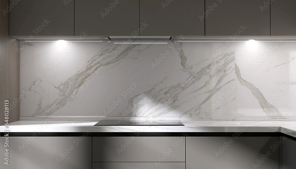 White marble splash back with gray kitchen countertop, cabinet ...
