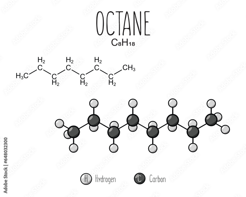 Octane skeletal structure and flat model representation, isolated on a ...