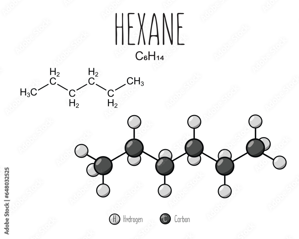 Hexane skeletal structure and flat model representation, isolated on a ...