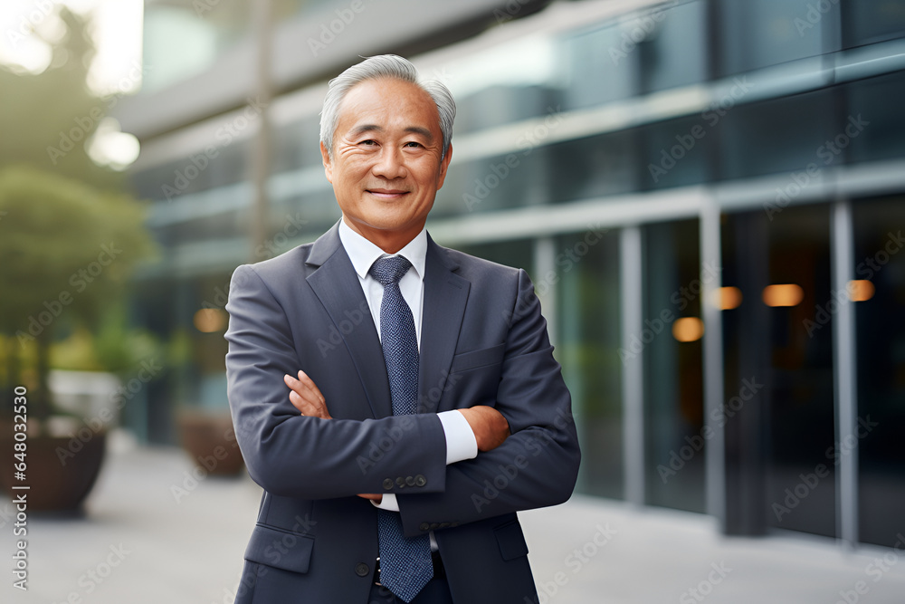 Portrait of a handsome old Asian businessman, manager, leader, standing ...