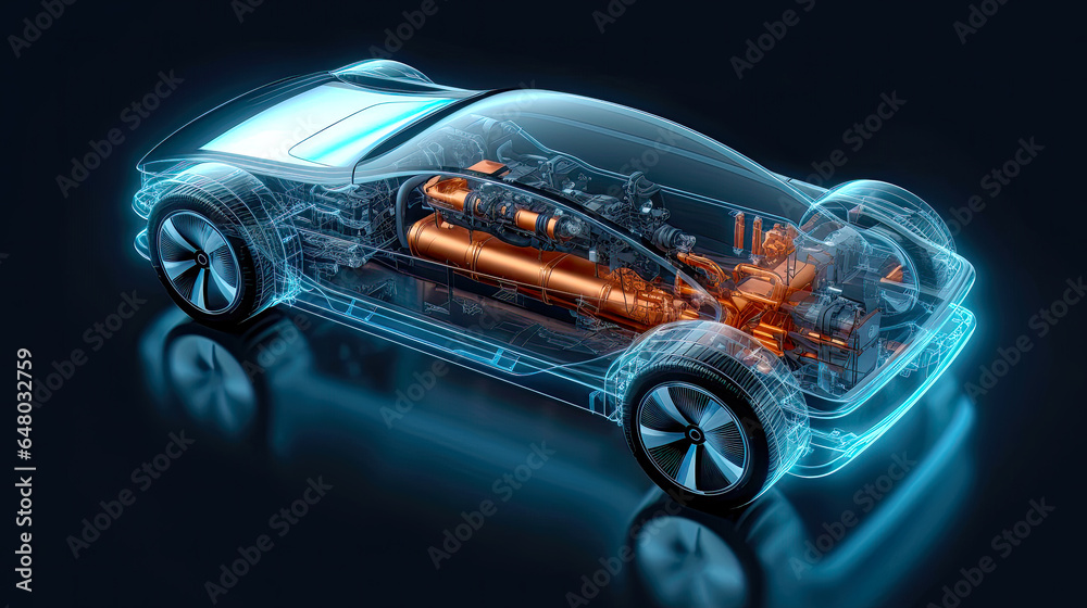 Transparent car study with visible chassis and parts of hydrogen ...