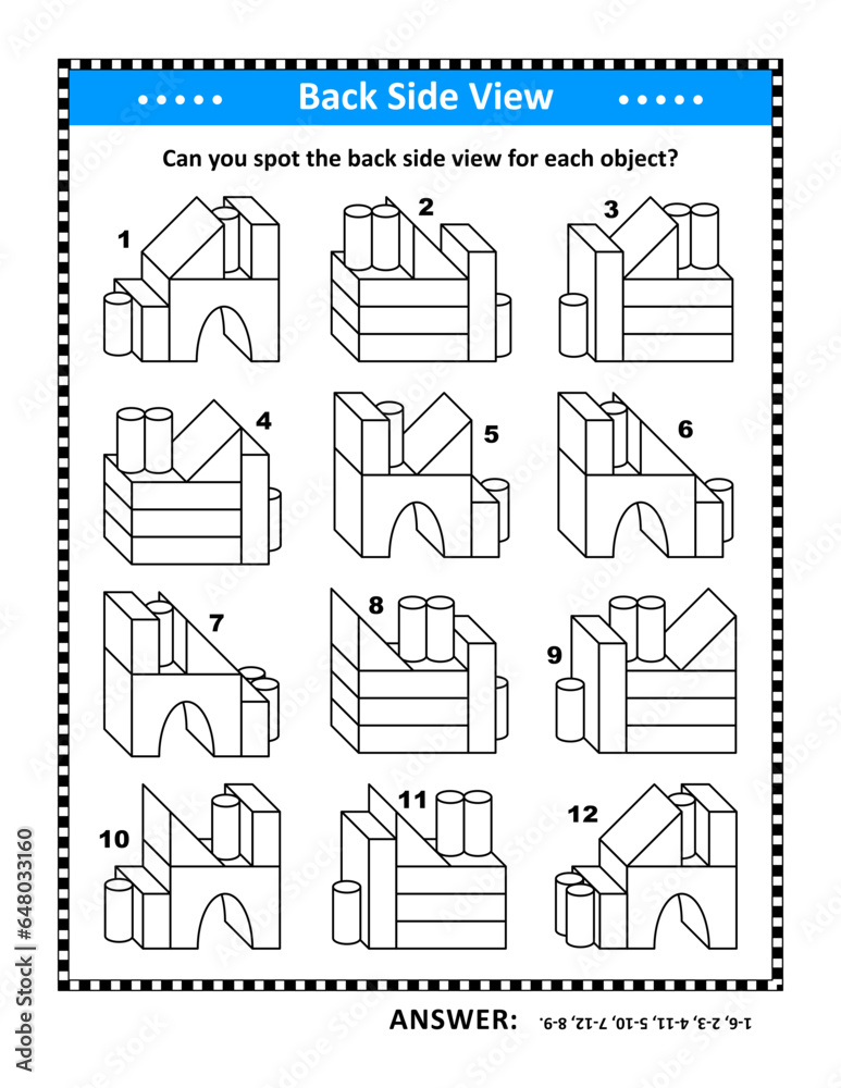 Educational math puzzle with building blocks objects. Black and white ...