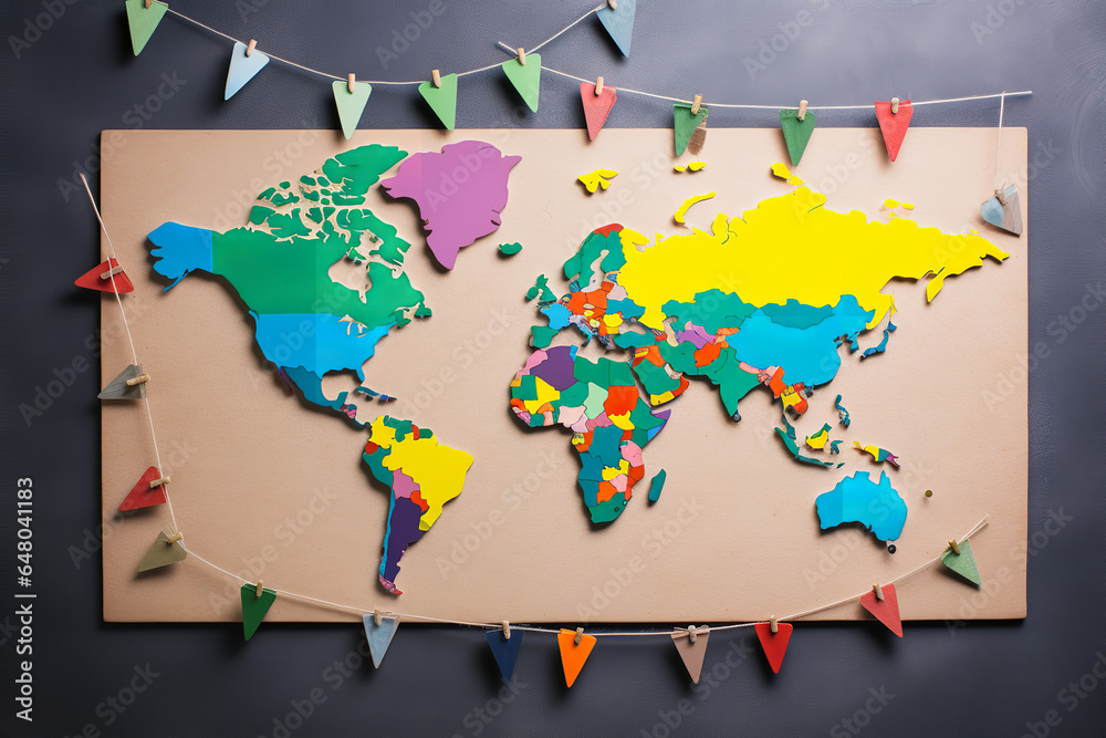 A detailed world map stretched out on a cork board, punctuated by ...