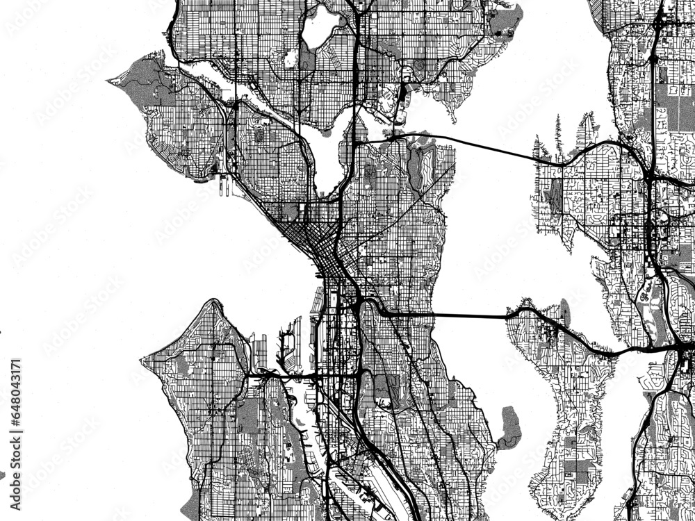 Greyscale vector city map of Seattle Washington in the United States of ...