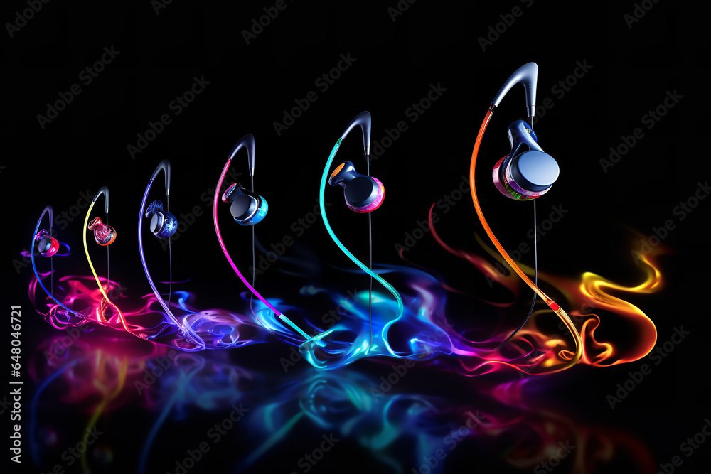 Tangled earphones rest on a surface, with lively musical notes of ...