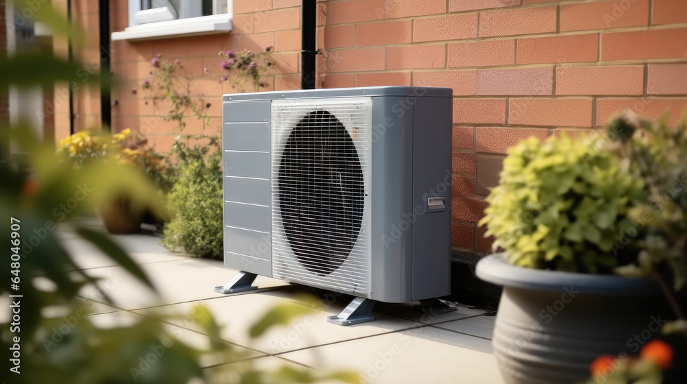 Air source heat pump heating unit installed on the outside of a house ...