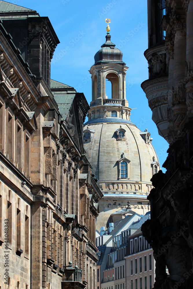 Street view of Frauenkirche, the most famous architectural monument of ...