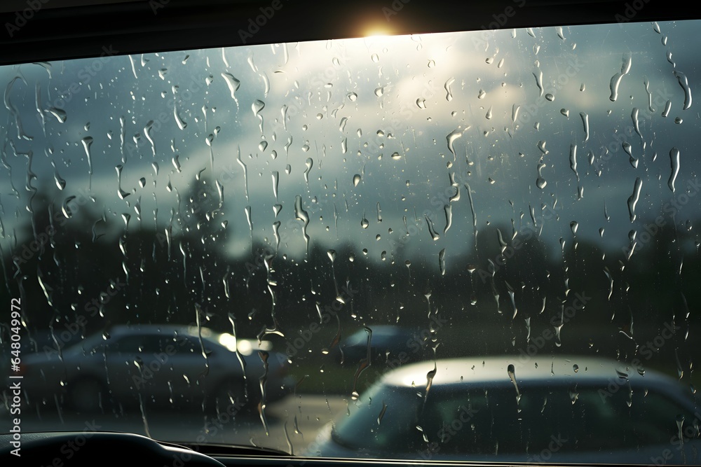 Half-open car door well window with a cold rain falling with a rocky ...