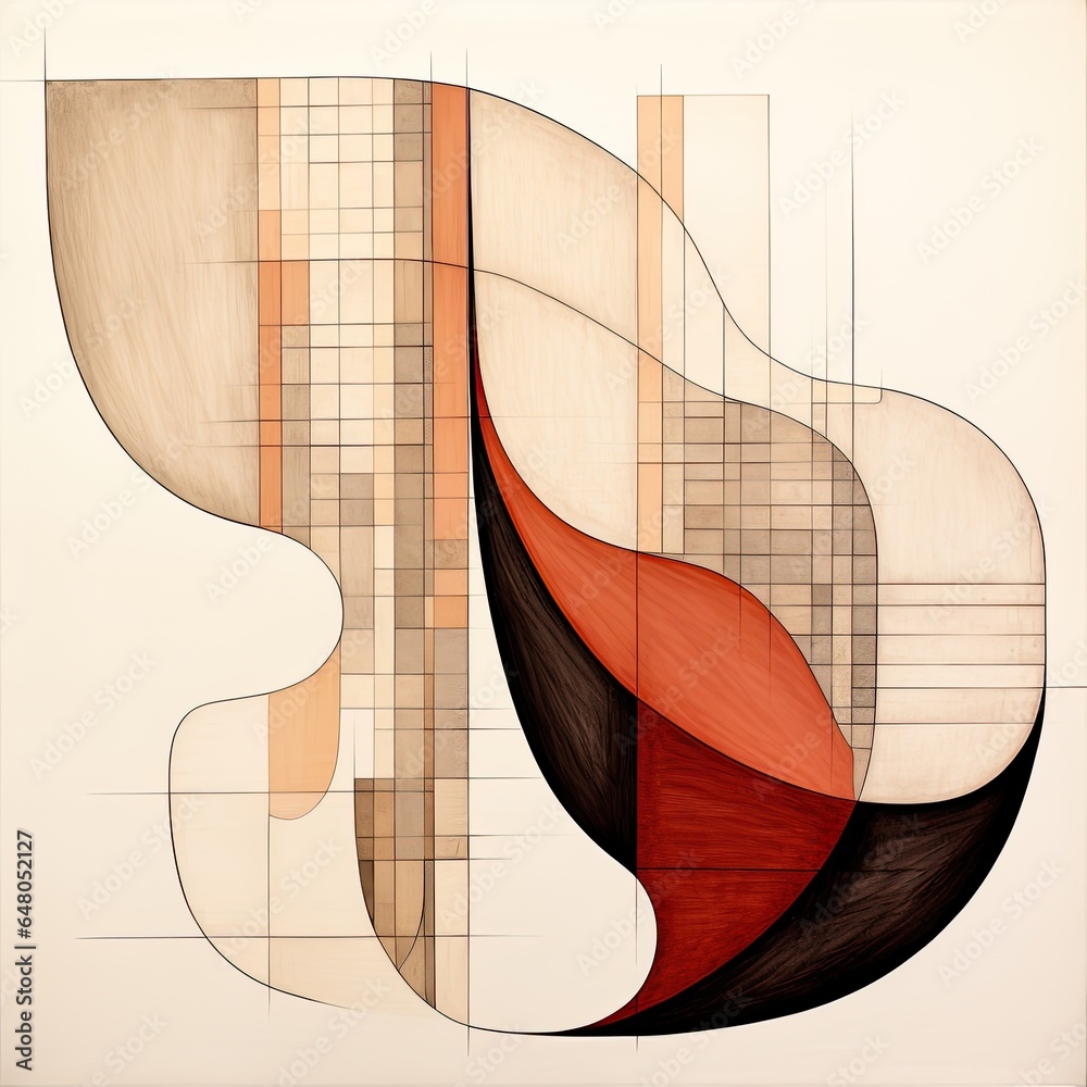 Abstract shape with lines and curves. Red, brown, beige, black tones ...