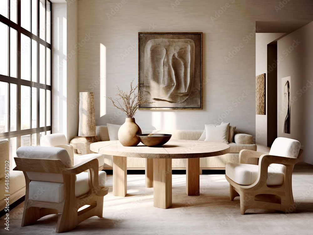 Round wooden dining table and rustic chairs against beige sofa near ...