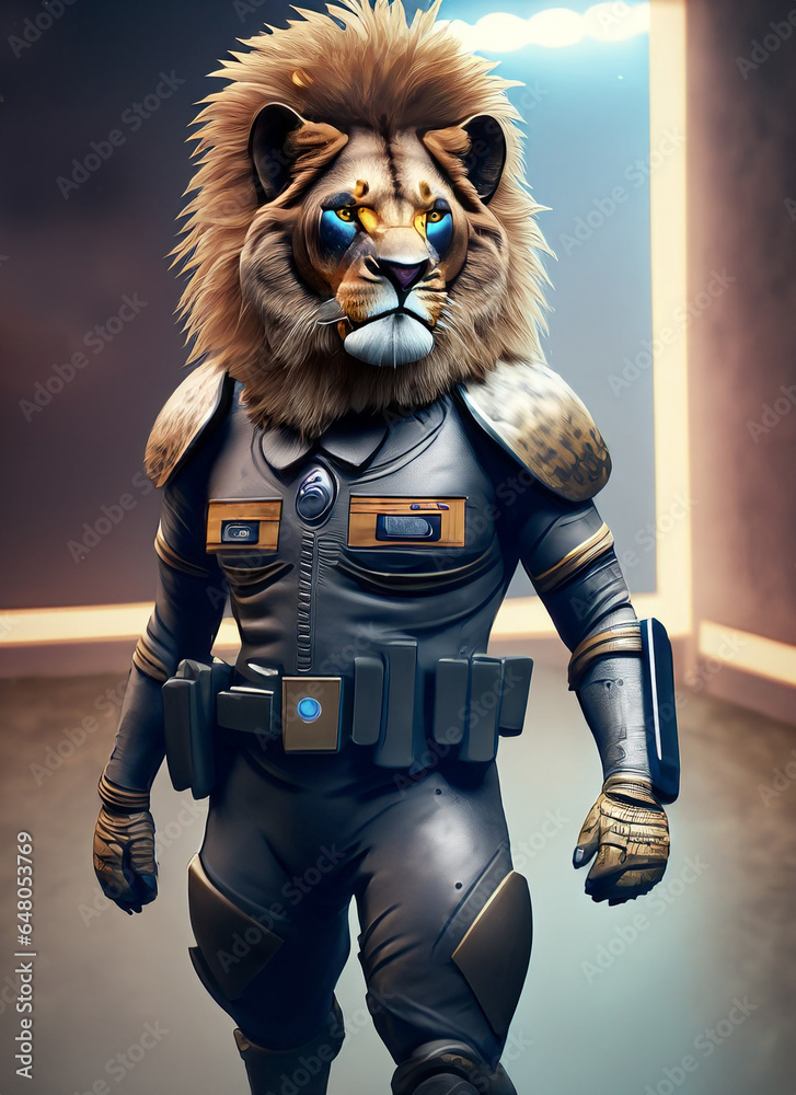 anthropomorphic lion in a futuristic police suit, inside a police ...