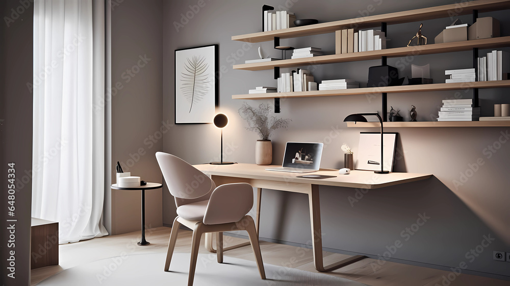 A modern home office space with a minimalist design approach, set ...