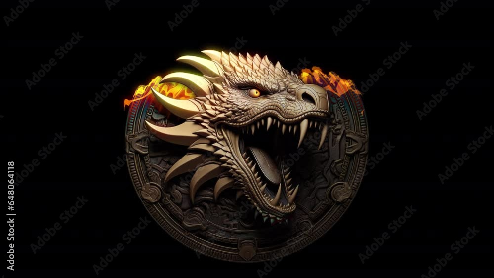 A Medallion With The Image Of A Dragon Appears From The Fire. Animation ...
