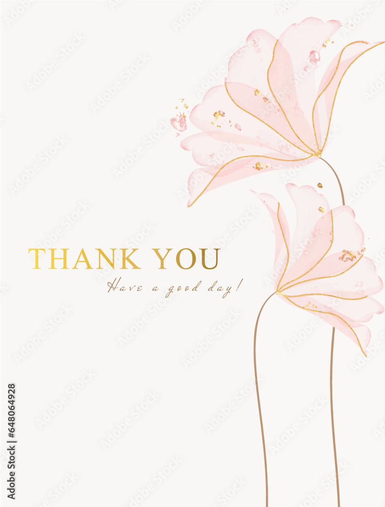 thank you card with luxury pink flower, gold and pink glitter design ...