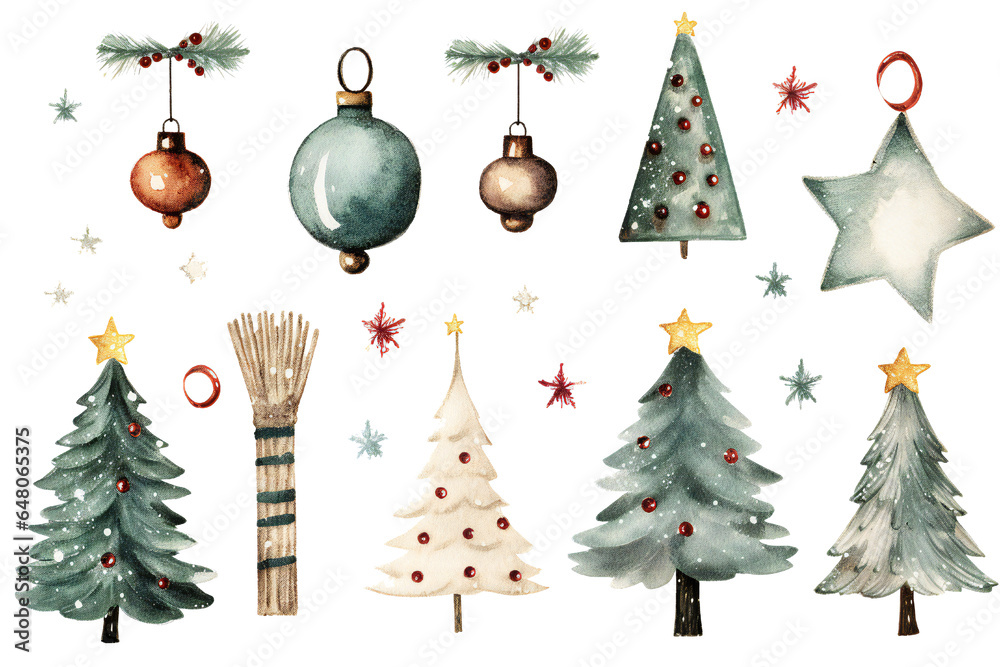 Retro watercolor Christmas decorations and objects clip art isolated ...