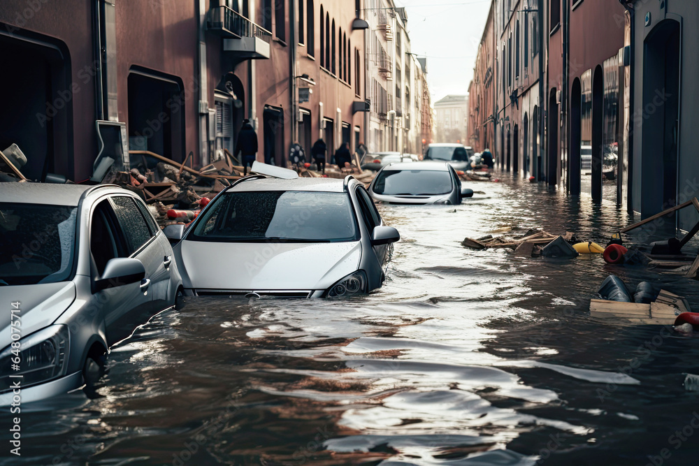 Floating cars in the water during flooding in an european village, with ...