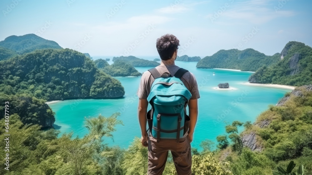 Rucksack Asian man on the mountain see see scene the wonderful nature scene of the ocean ...
