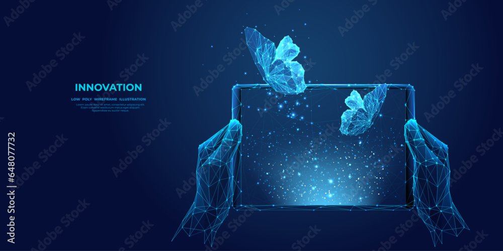 Digital blue butterflies fly off the screen of the device. Abstract ...