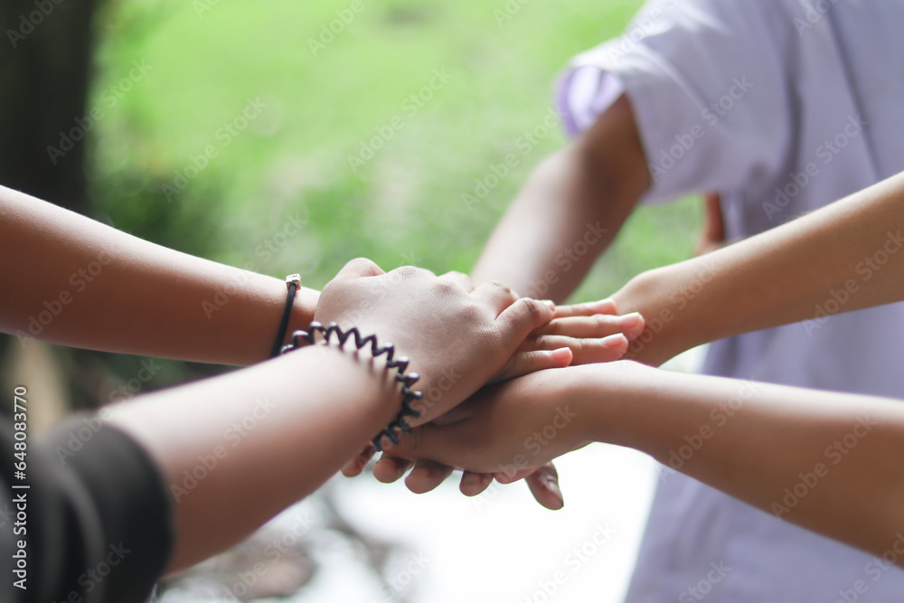 Young studen teamwork join hand together concept, studen team standing ...