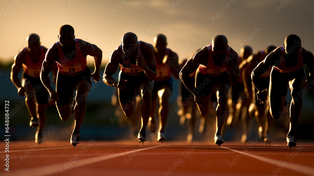 Sprinters bursting out of the starting blocks at a track and field ...