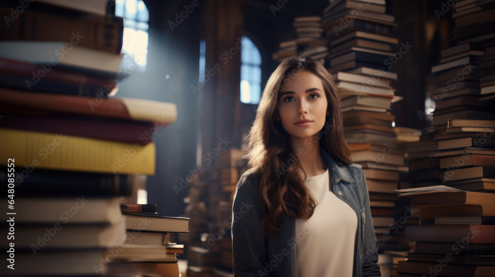 Embracing Knowledge: A Female Student, Enveloped by a Towering Pile of ... Embracing Knowledge: A Female Student, Enveloped by a Towering Pile of ...