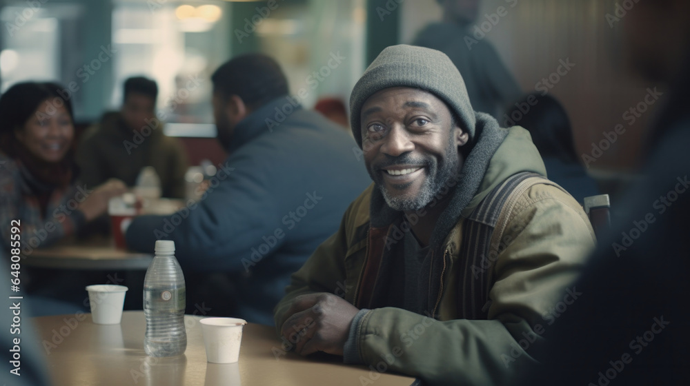 A Positive Black Homeless Man Wearing a Hat Finds Comfort at a Table in ...