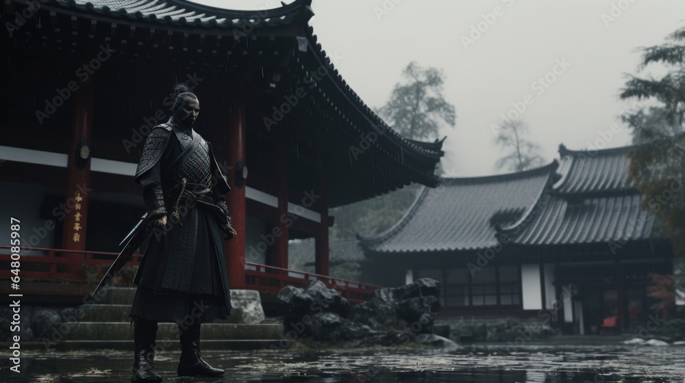 Epic Samurai Warrior, Sword in Hand, Stands in Front of an Ancient ...