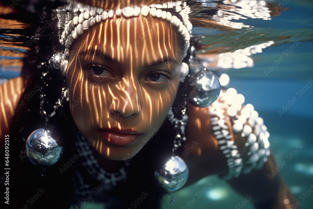 A photography of a Polynesian pearl diver from the azure waters of Tahiti. Salt and sun have ...