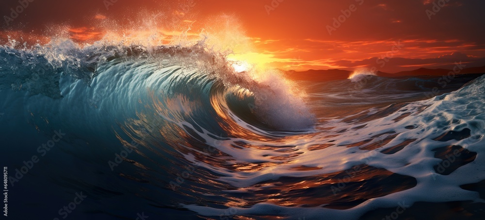 big wave of water during storm in open sea or ocean at sunset, nature ...