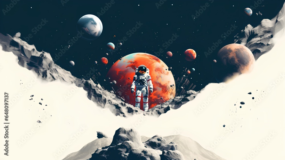 Conceptual collage depicting space exploration. Astronaut standing in ...