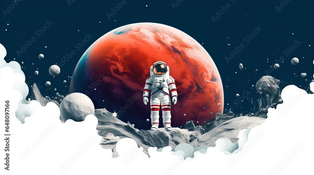 Conceptual collage depicting space exploration. Astronaut standing in ...