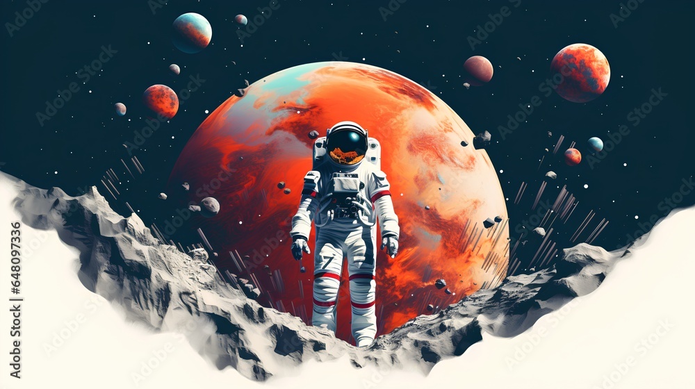 Conceptual collage depicting space exploration. Astronaut standing in ...